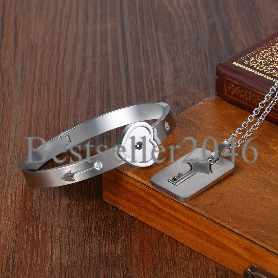 Womens Heart Lock Bangle Bracelet and Key Pendant Chain Necklace ...