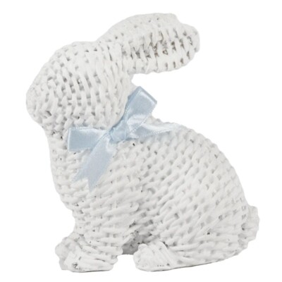 White Resin Rattan Easter Rabbit with Blue Bow Figurine 4" - ADORABLE ...