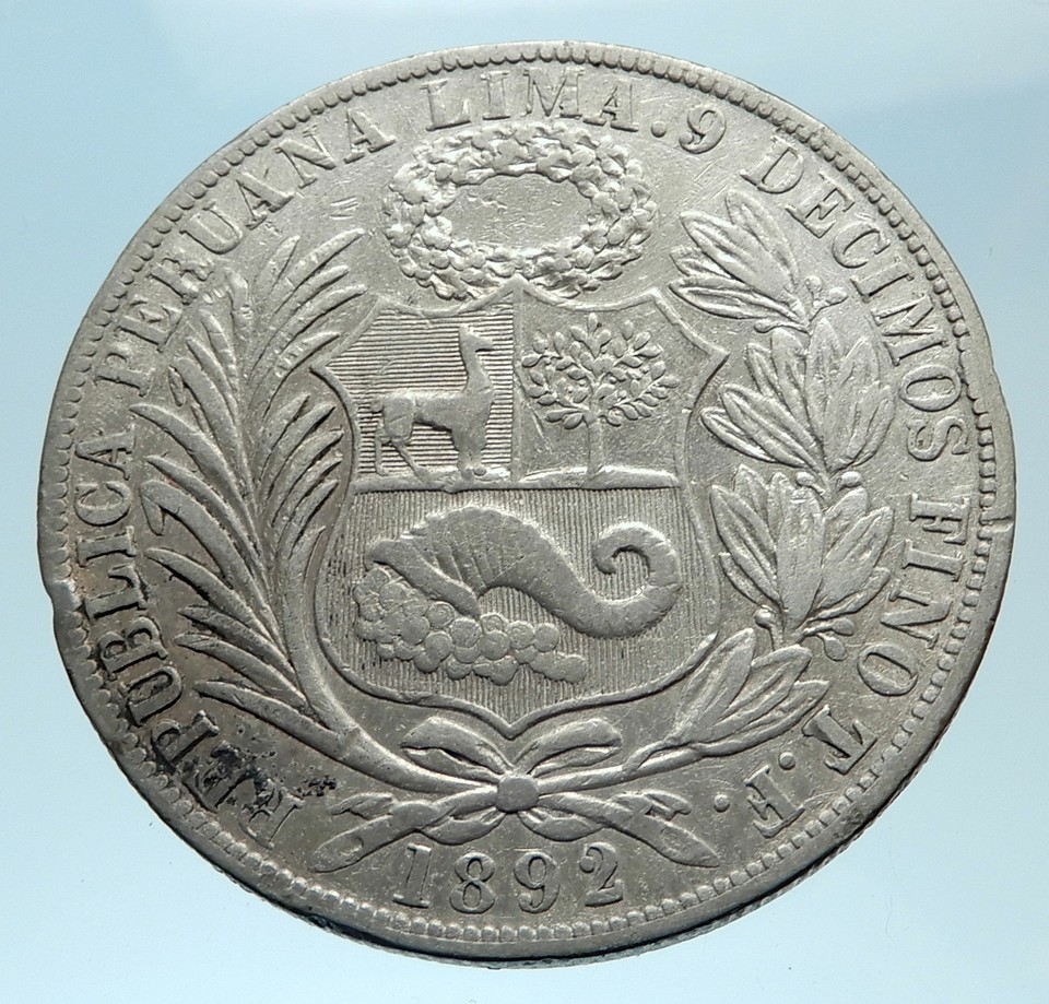1892 PERU South America 1 SOL Antique BIG Original Silver Peruvian Coin ...