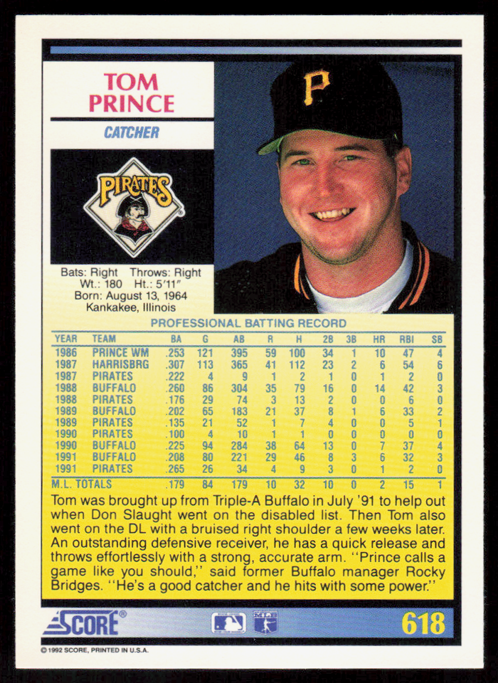 1992 Score 618 Tom Prince Pittsburgh Pirates | eBay