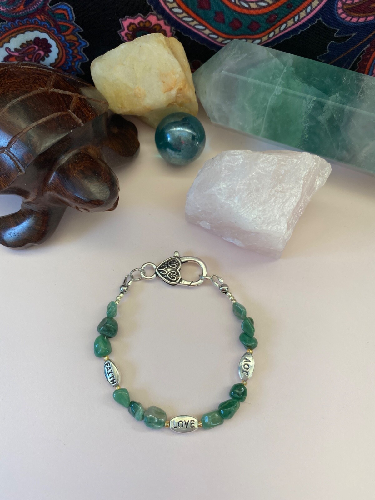 Jade Bracelet w/Charms for Her. LOVE, FAITH, JOY Charms. 7 inches. Gift ...