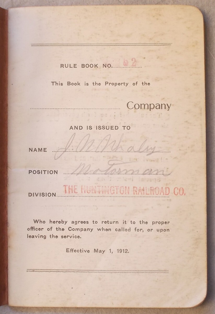 1912 HUNTINGTON RAILROAD Rules & Regulations for Government of ...