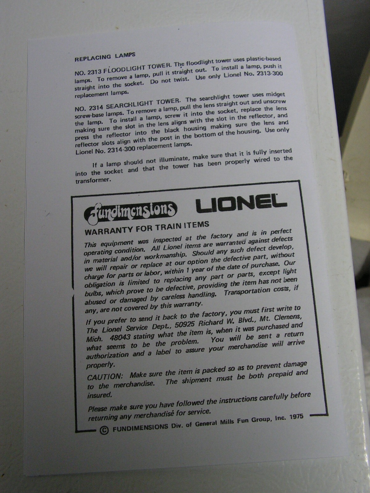Lionel Train Instructions for 2313 Floodlight Tower 2314 Searchlight ...