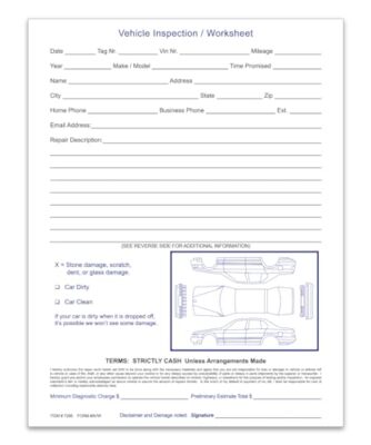 Vehicle Inspection Worksheet - 1 Part Pre-Service Write-Up Form with ...