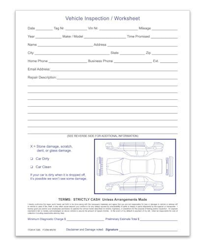 Vehicle Inspection Worksheet - 1 Part Pre-Service Write-Up Form with ...