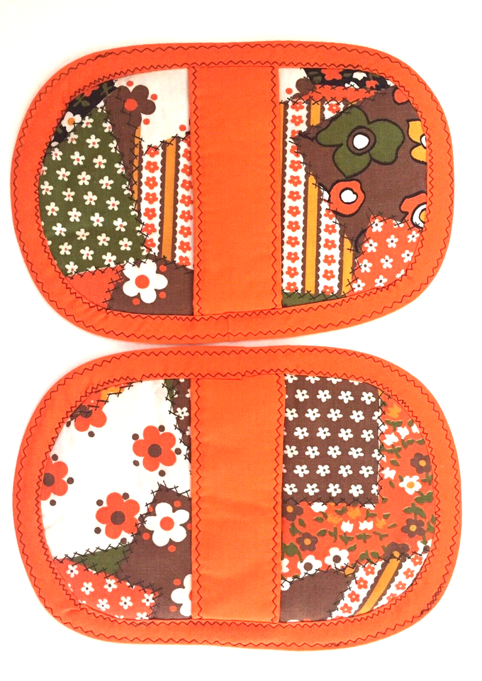 VTG HANDMADE CLOTH *Orange Patchwork Fabric* SET of 4 PLACEMATS & 2 ...