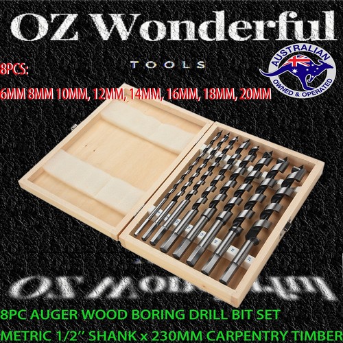 8PC AUGER WOOD BORING DRILL BIT SET METRIC 1/2'' SHANK x 230MM ...