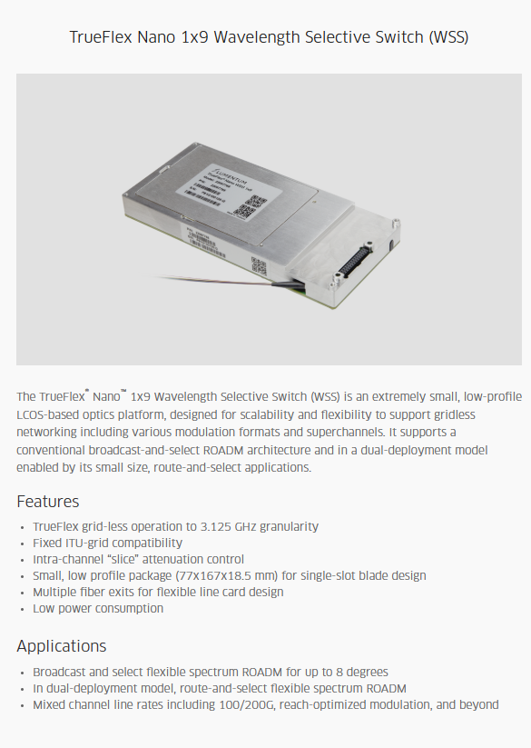 LUMENTUM TrueFlex Nano 1x9 Wavelength Selective Switch WSS ...