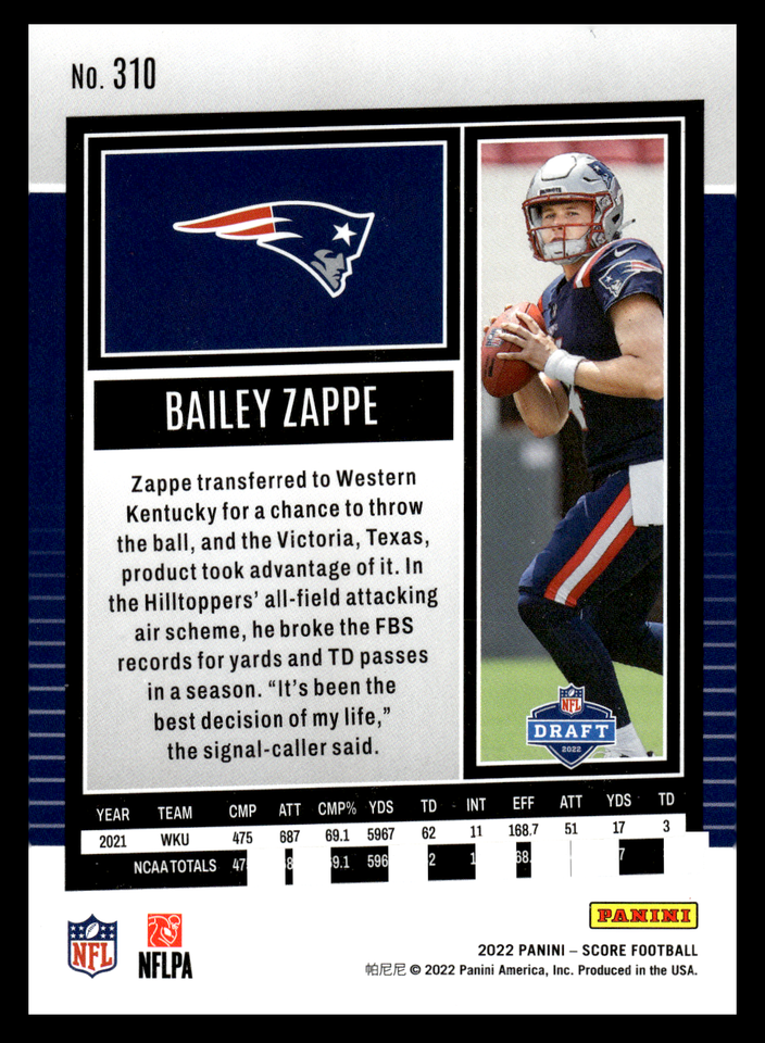 2022 Panini Score Bailey Zappe #310 New England Patriots Rookie RC NFL ...