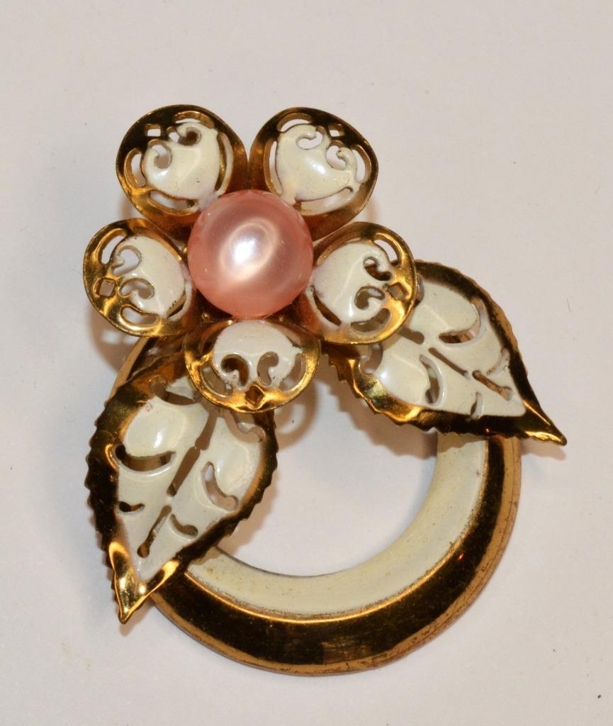 Vintage 50s Signed CORO Gold tone White Enamel Pink Glass Bead Pin ...