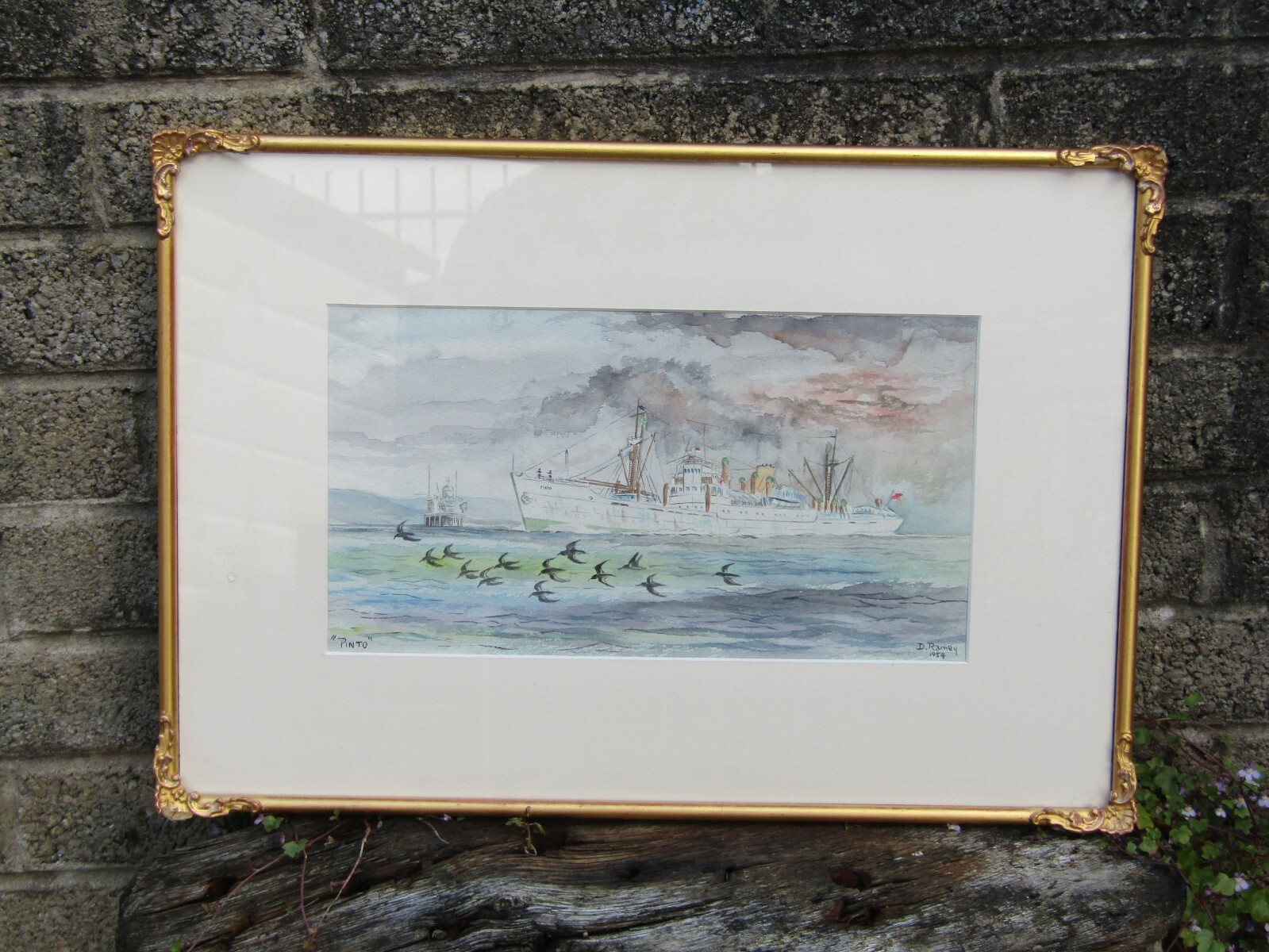 Vintage watercolour painting of SS Pinto - WW2 Jewish interest in Gilt ...