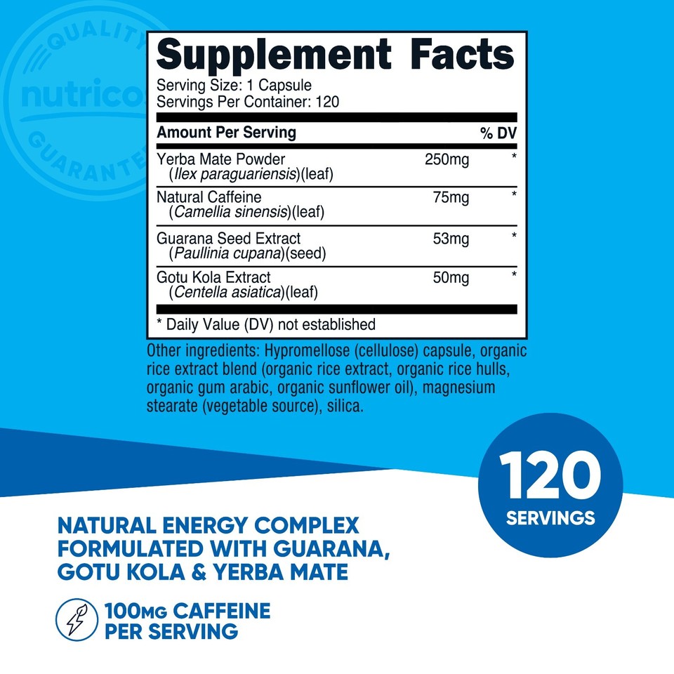 Nutricost Natural Energy Pills Complex 120 Capsules, 100mg Caffeine ...