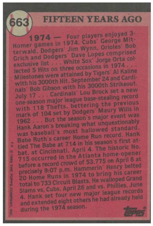 1989 Topps Turn Back The Clock Hank Aaron Atlanta Braves #663 | eBay