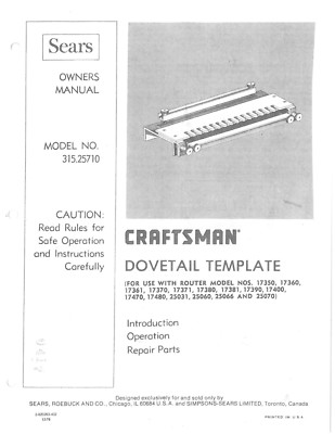 1969 Craftsman Dovetail Template Model No. 315.25720 Owners Manual ...