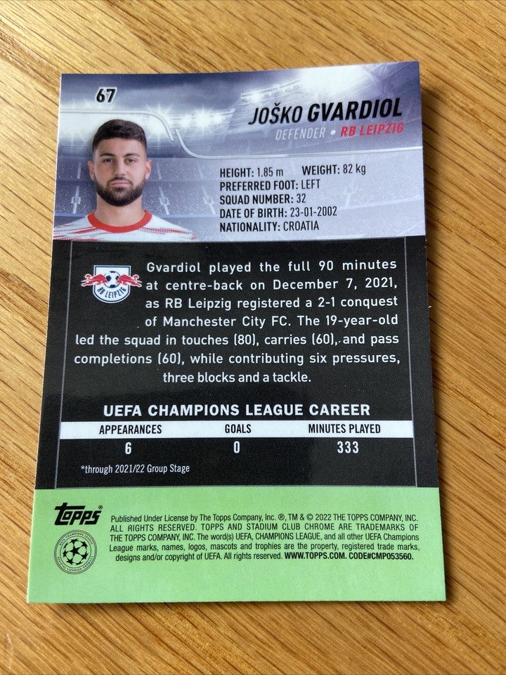 2022 Stadium Club Chrome JOSKO GVARDIOL ROOKIE Soccer Card 67 | eBay