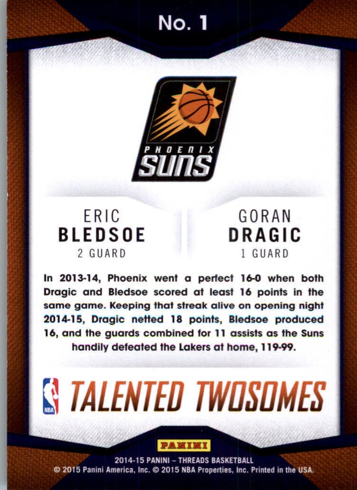 2014-15 Panini Threads Talented Twosomes Suns Card #1 Eric Bledsoe Goran Dragic | eBay