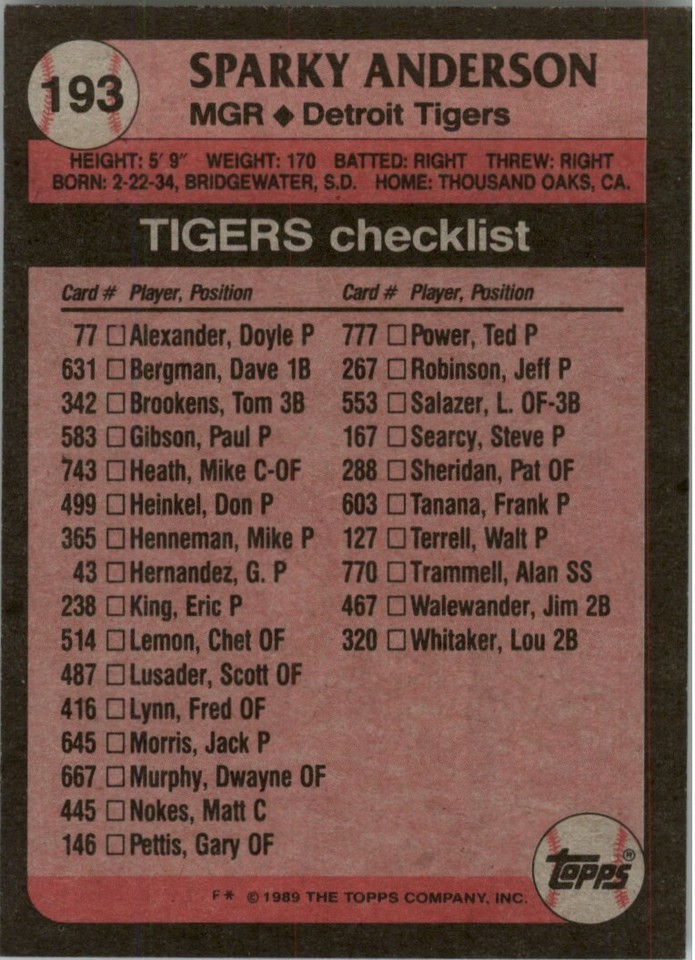 1989 Topps #193 Sparky Anderson Detroit Tigers MLB HOF Manager Baseball ...