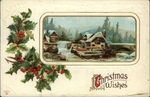 Christmas mill water wheel snow scene ~ c1910 embossed postcard | eBay