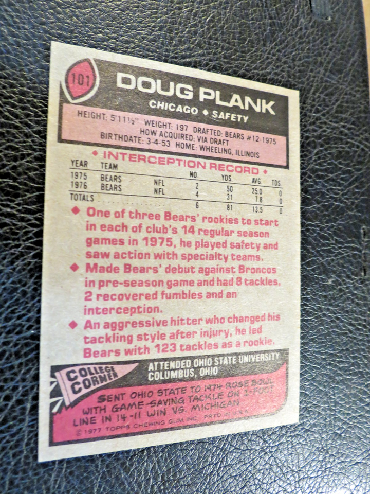 1977 TOPPS FOOTBALL SET, #101 Doug Plank RC, Chicago Bears, EX/EXMT | eBay