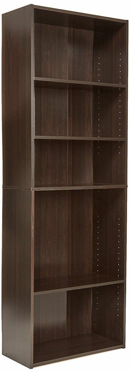 Brown Finish 5 Shelf Bookcase Wooden Bookshelf Adjustable Shelves ...