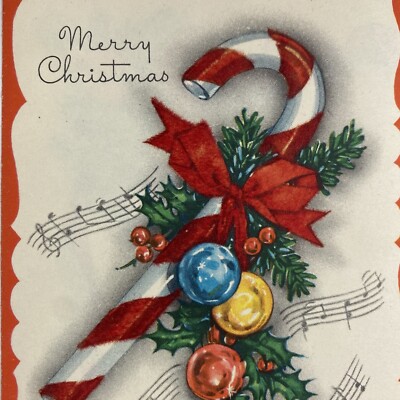 Vintage Mid Century Christmas Greeting Card FRONT ONLY Candy Cane Music ...