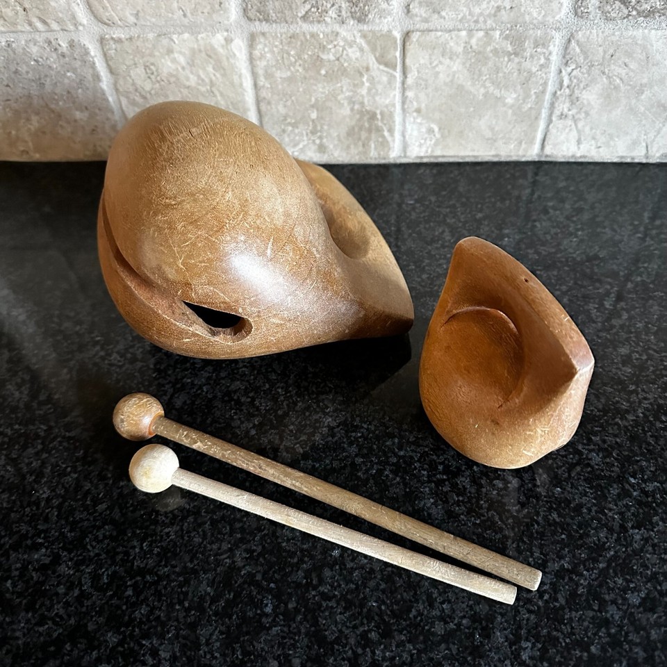 2 Vintage Wooden Temple Blocks Percussion Instrument Wood Fish Bell ...