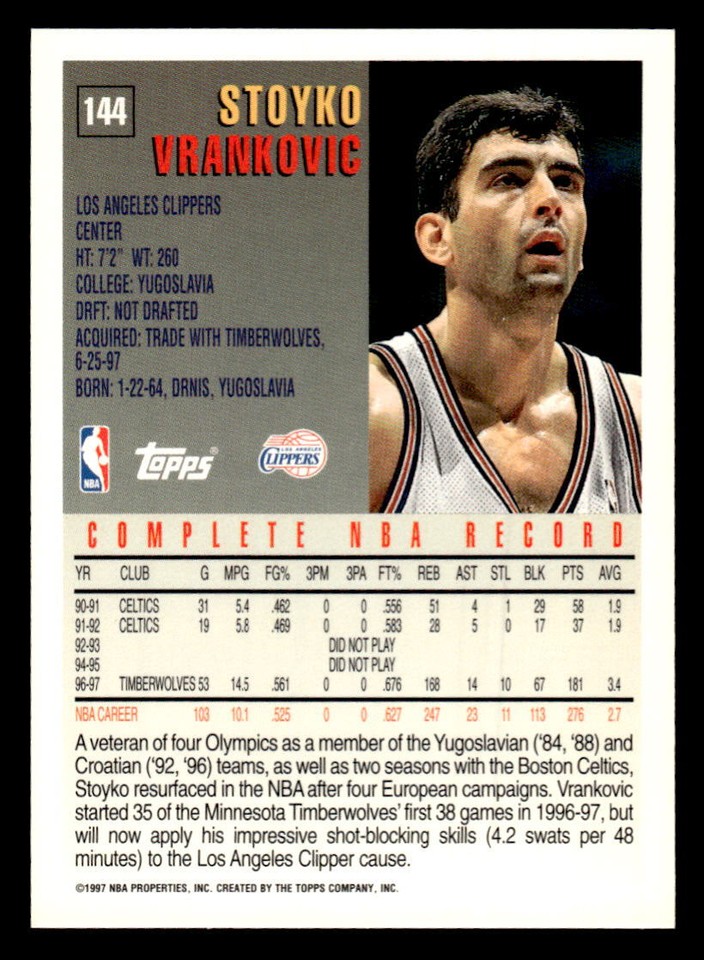 Stoyko Vrankovic Los Angeles Clippers 1997-98 Topps #144 | eBay