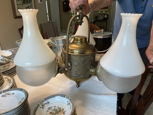 Rare Antique ANGLE LAMP CO Triple Burner Electrified HANGING OIL LAMP ...