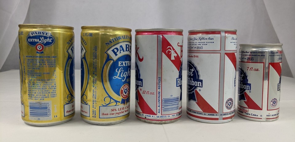 5 Random Pabst Blue Ribbon Beer Cans Brock Extra Light 12 fl oz 7 fl oz ...