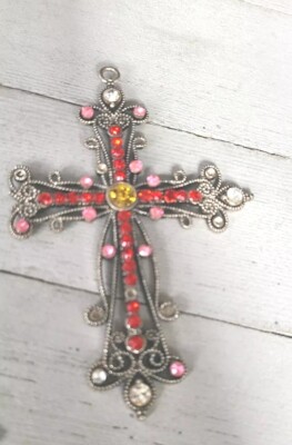 Beautiful Jeweled Cross Pendant Silver Tone Charm w/ Mostly Pink Stones ...