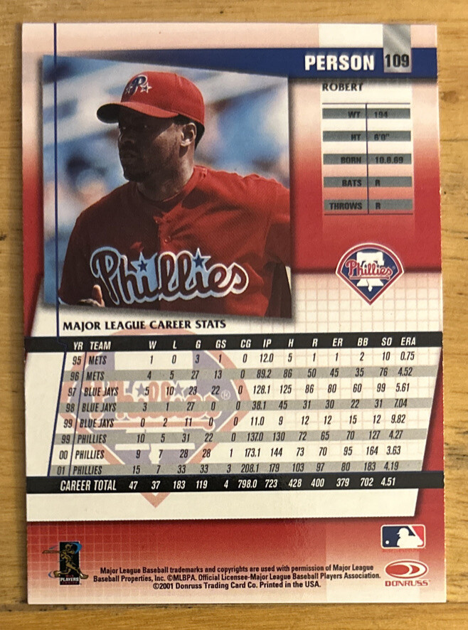 2002 Donruss Fan Club Robert Person 109 Phillies Pitcher VG Corner ...
