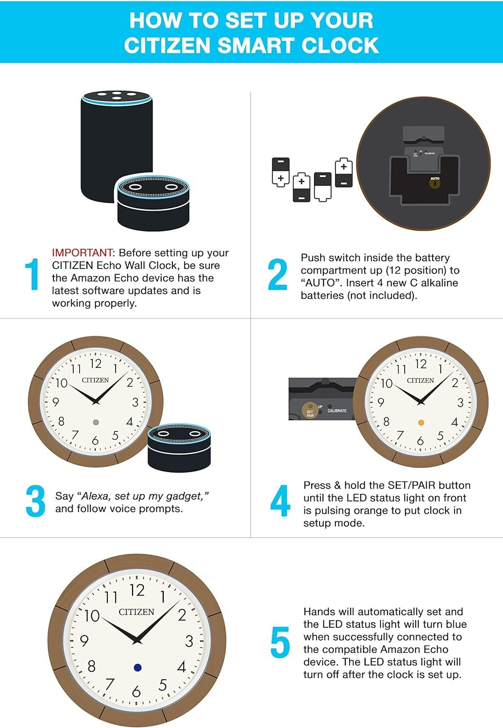 Citizen Clock Smart Echo Compatible Wall Clock with Multiple Timers 12 ...