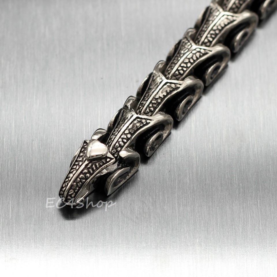 Retro Silver Stainless Steel Dragon Snake Bone Link Chain Bracelet ...