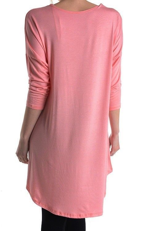 NEW WOMEN ROUND NECK HI LOW ASYMMETRIC 3/4 SLEEVE LONG TUNIC TOP S-XL ...