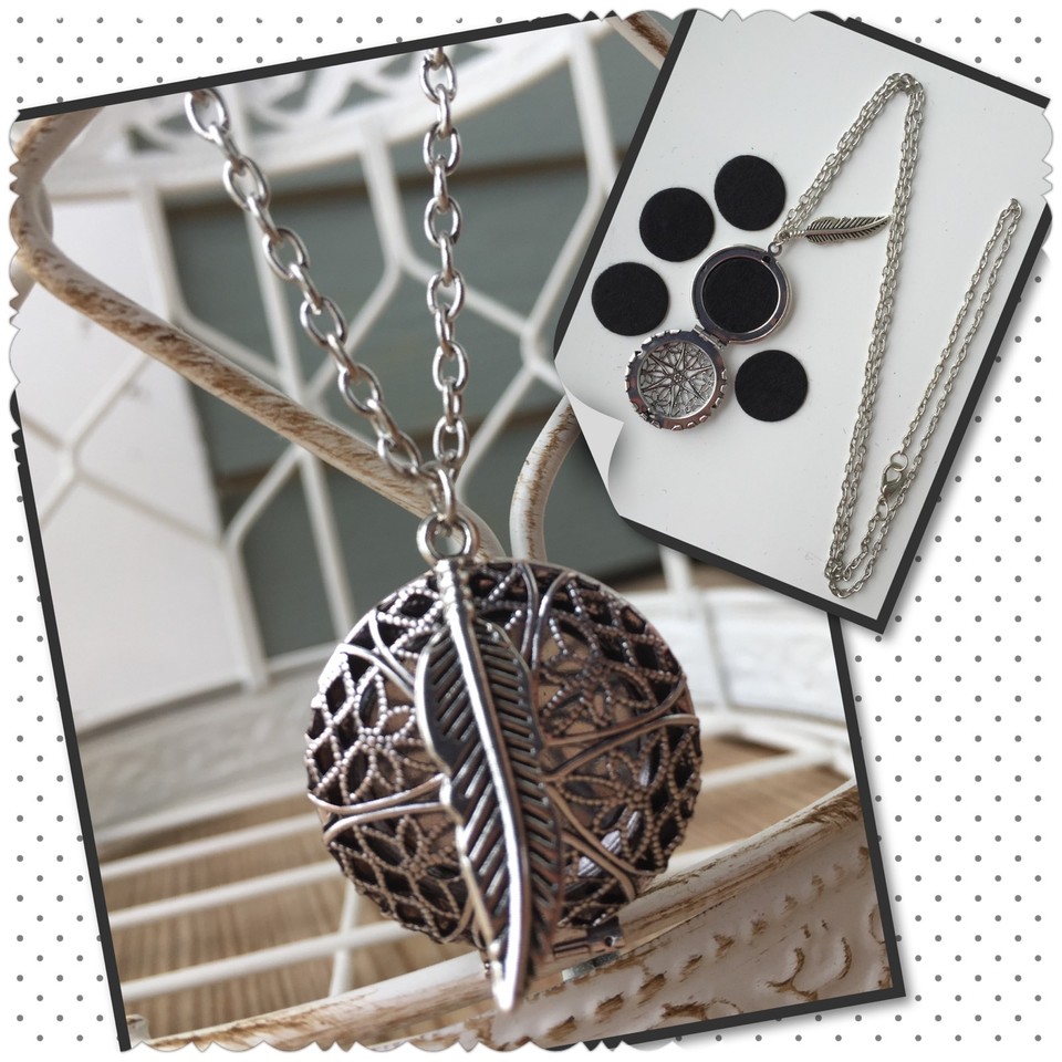 ANTIQUE SILVER FEATHER ESSENTIAL OIL DIFFUSER NECKLACE AROMATHERAPY ...