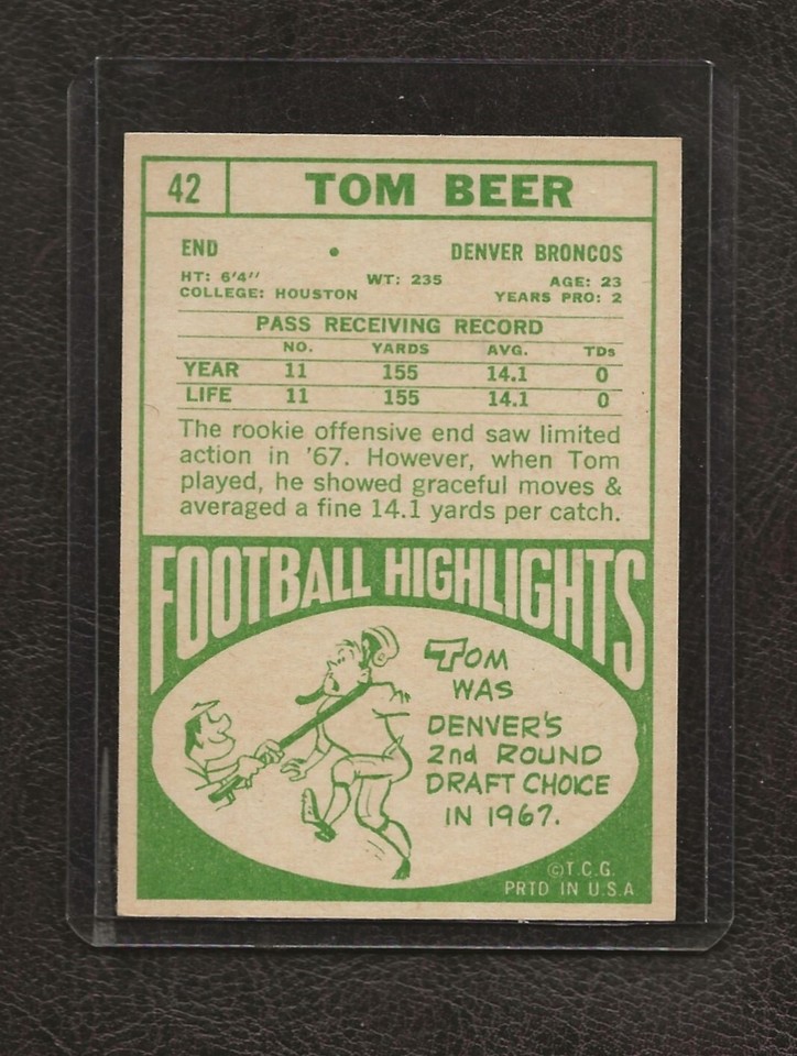 1968 Topps Football #42 Tom Beer, Denver Broncos, NM! | eBay
