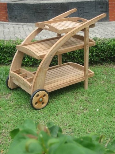 TEAK WOOD TROLLEY CART WITH SERVING TRAY & BOTTLE RACK PATIO OUTDOOR ...
