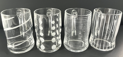 ARC France 4 Handled Etched Glass Mug Glasses Variety Dot Line Barware ...