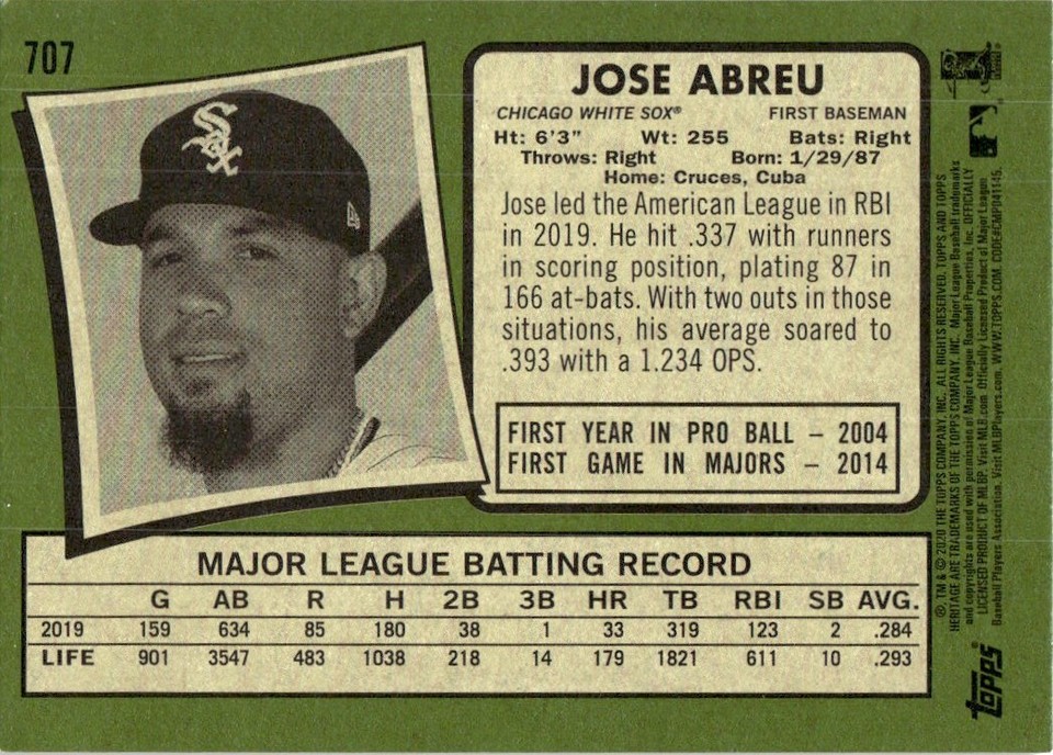 2020 Topps Heritage Baseball Jose Abreu Chicago White Sox #707 SP | eBay