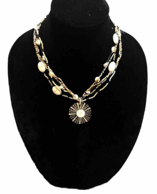 Triple Strand Sea Shells Necklace, Round Faceted Eye Charm | eBay