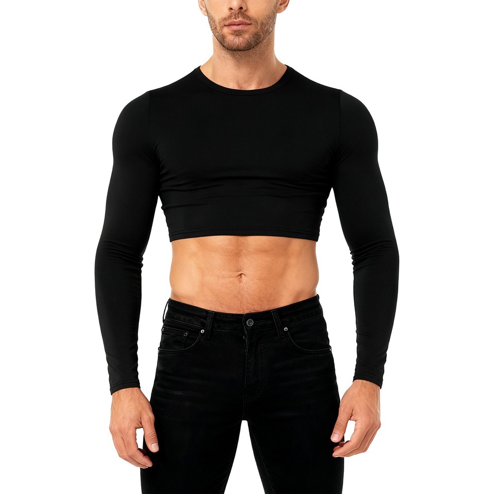 Men Muscle Cropped Tops Shirts Long Sleeves Solid-color Basic Slim ...