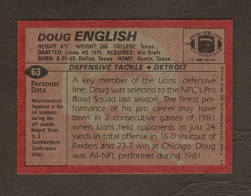 1983 Topps Football Card #63 Doug English – Detroit Lions | eBay