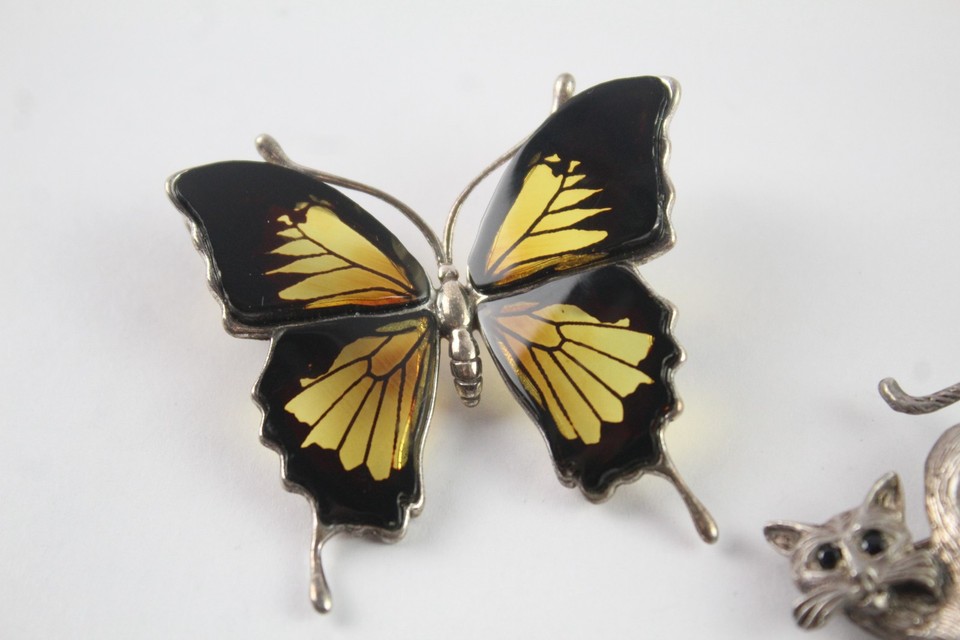 Sterling Silver Brooches Animal Cat Butterfly Vintage Abalone x 5 (26g ...