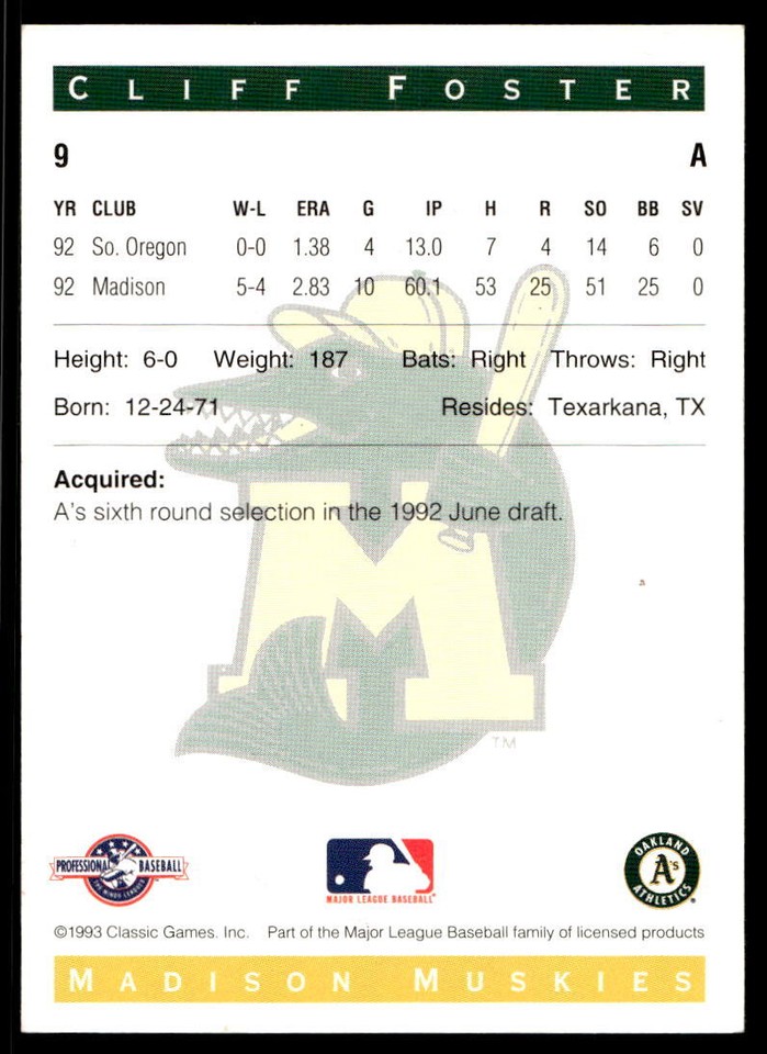 1993 Classic Best Madison Muskies 9 Cliff Foster Baseball Card | eBay