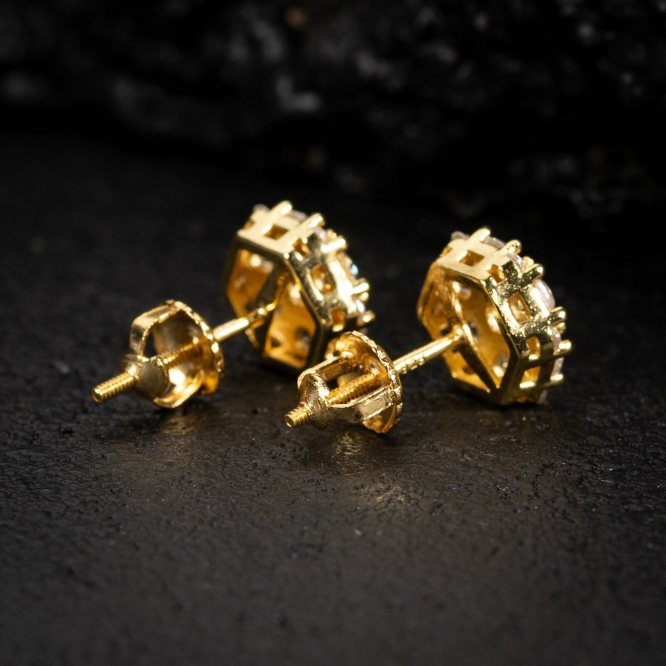 Men's Iced Cz Octagon Flower Cluster Yellow Gold Sterling Silver Stud ...