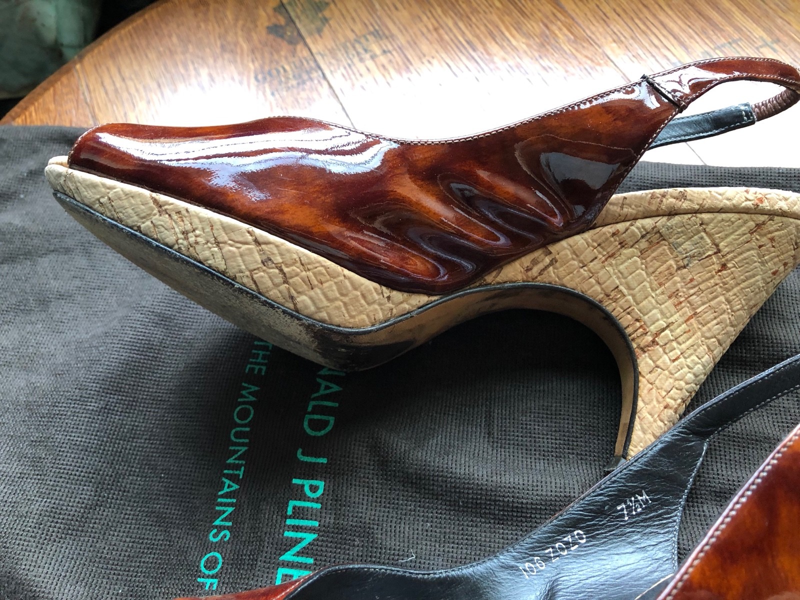 Donald J Pliner Couture Tortoise shell patent brown leather Cork heels ...