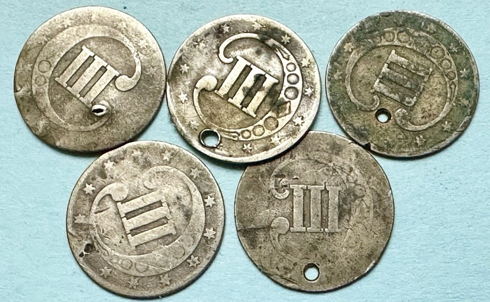 Lot of 5 Three Cent 3c Silver Coins Culls Damaged Holed | eBay