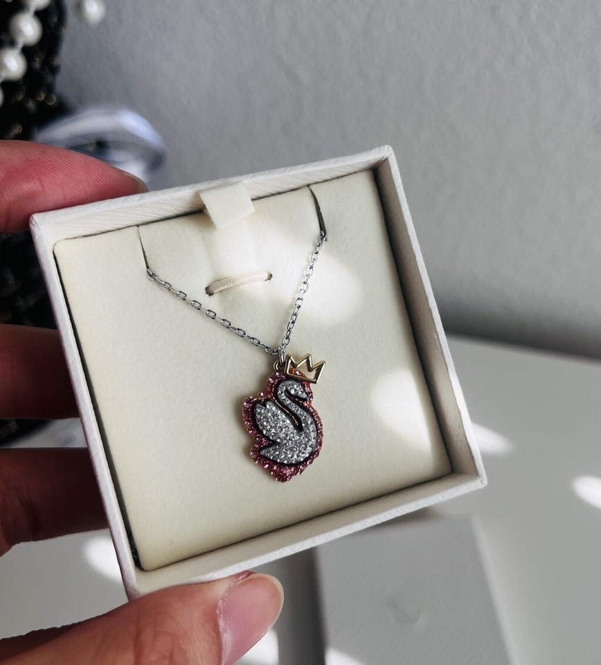 New Swarovski Swan Pink Pop Swarovski Crystal Women's Necklace Rhodium ...