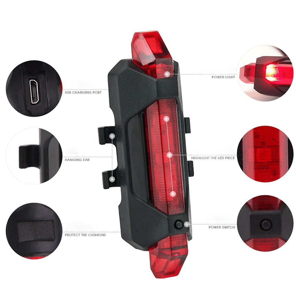 5 Tail Rechargeable USB Bike LED Light Cycling Warning Safety Bicycle ...