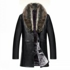 Men's mink Fur Collar Fur Lined Mid Long Real Leather Jacket Coat ...
